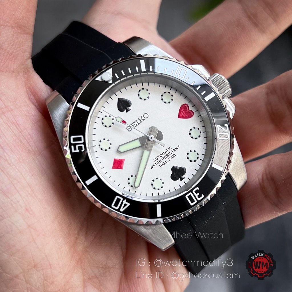 Seikomod White Poker Dial Black Submarine with Black Rubber Strap ...