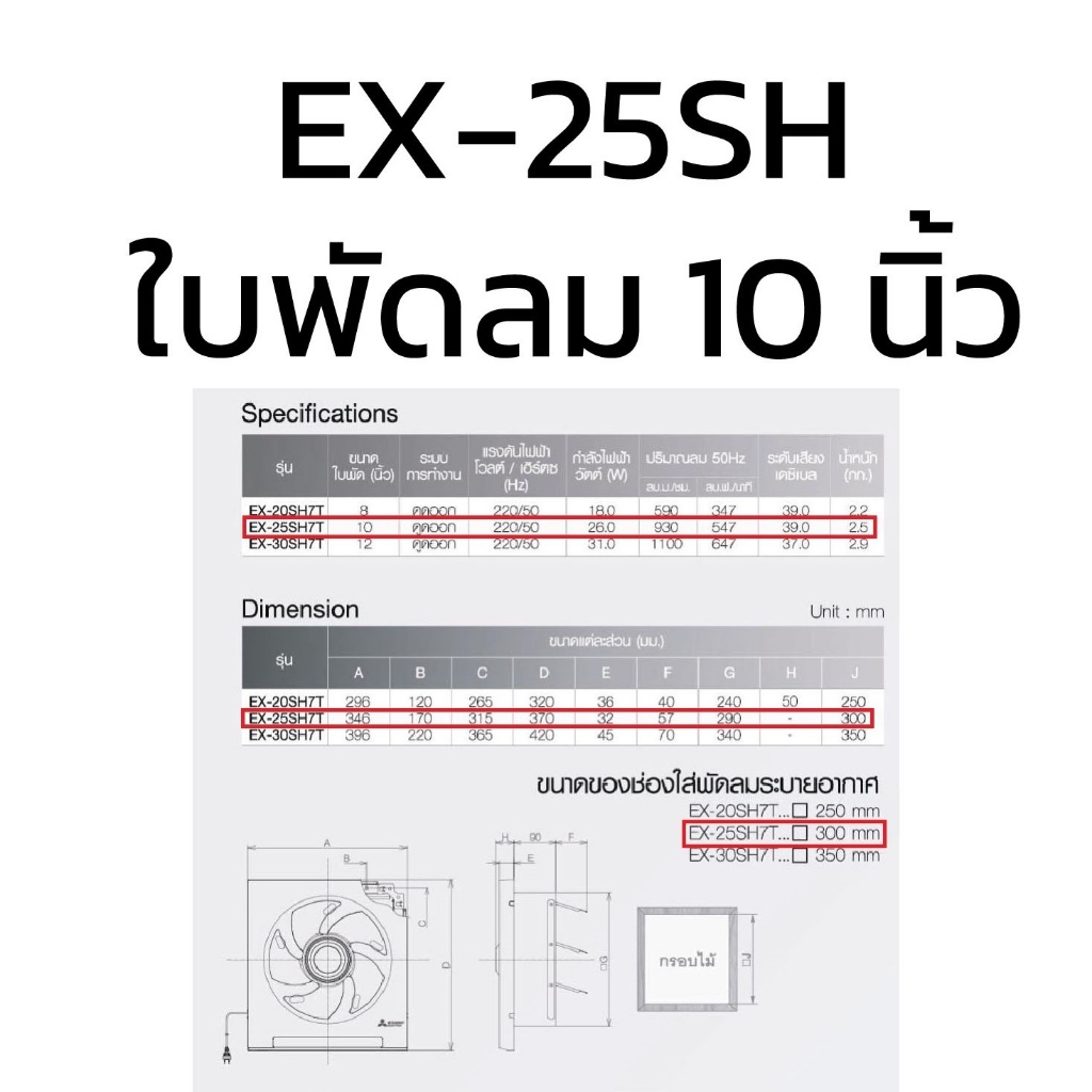 Mitsubishi พัดลมระบายอากาศ ติดผนัง ปูน/ไม้ รุ่น 20SH, 25SH, 30SH ...