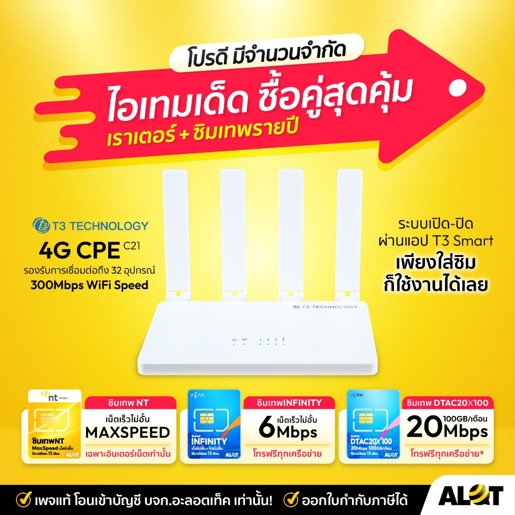 [ ALOP31 ลด 10% ] T3 Smart 4G Router Wi-Fi CPE เราเตอร์ ใส่ซิม กระจาย ...