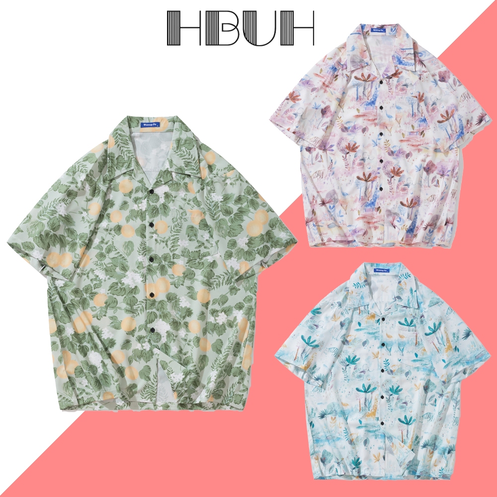 HBUH เสื้อเชิ้ตฮาวายแขนสั้น เสื้อสงกรานต์ลายดอกสไตล์เกาหลี ใส่ได้ทั้ง ...