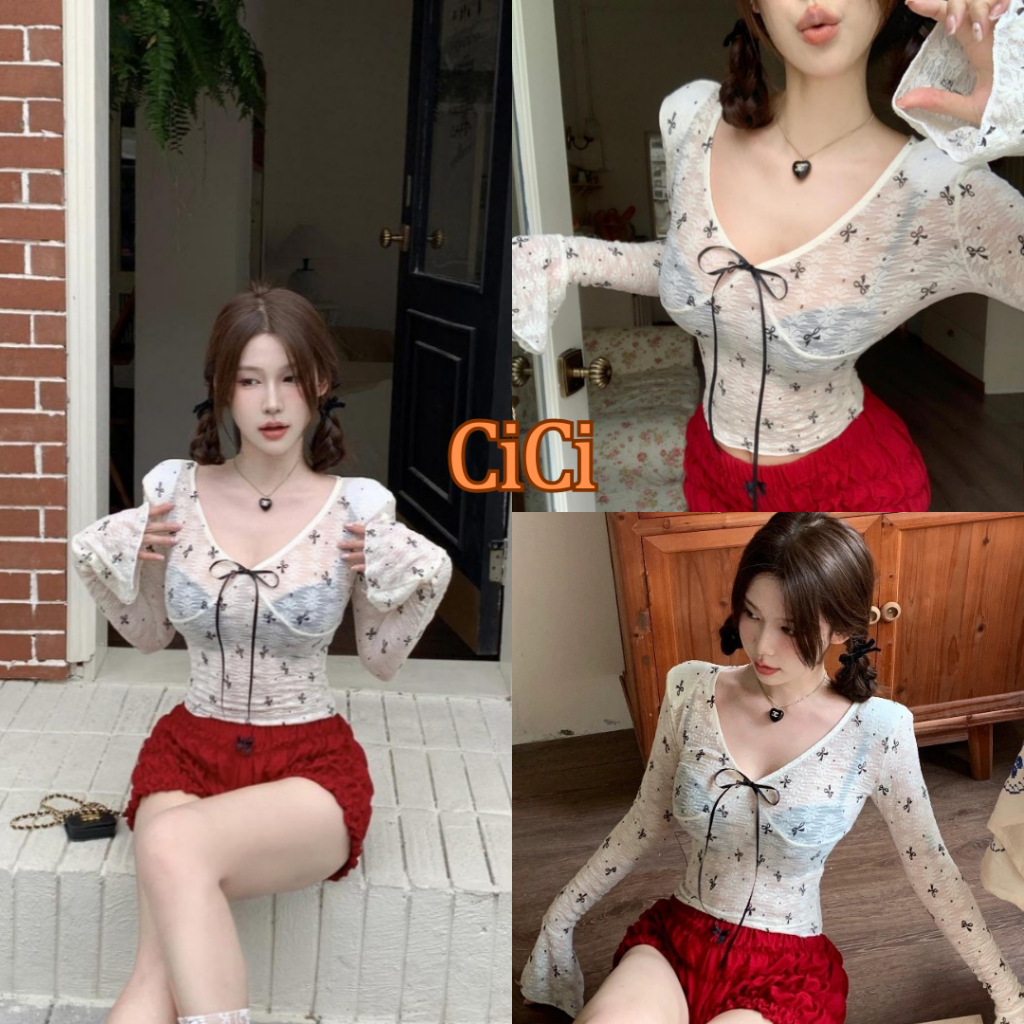 Cici (NO. 93120)เสื้อแขนยาวคอวีผ้าซีทรูลายโบว์ ลุคเปี้ยวแซ่บซุกวนสุดๆ | Shopee Thailand