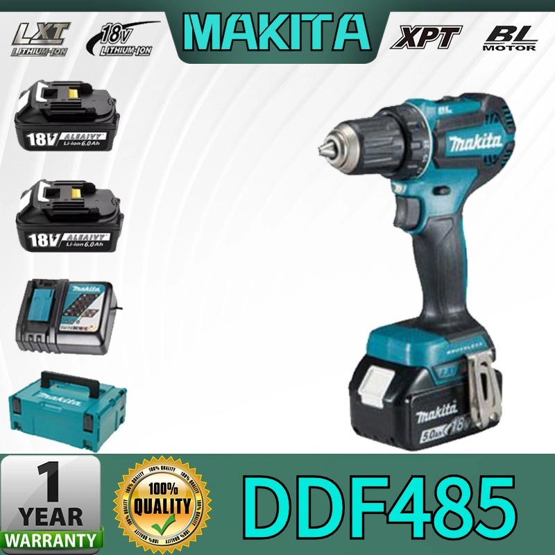 Makita DDF485 (ชุดชาร์จหนึ่งชุดและแบตเตอรี่สองก้อน) สว่านกระแทกไร้แปรง ...