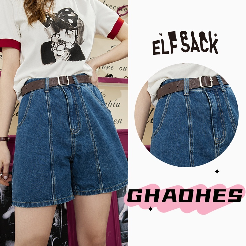 GHAOHES กางเกงยีนส์ขาสั้นสีน้ำเงินเข้ม S-4XL เอวสูงย้อนยุคทรงเอสำหรับคนตัวเล็ก ไม่ยืดหยุ่น ...