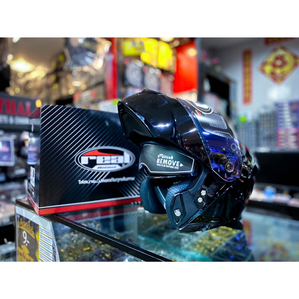 หมวกกันน็อค ยกคางรุ่นใหม่ REAL Atlas (แอทล๊าด) สีพื้น ดำเงา | Shopee ...