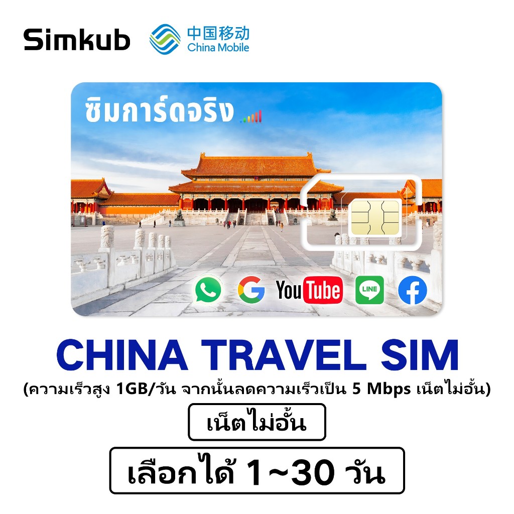 Mainland China SIM ซิมท่องเที่ยวจีน 4G อินเตอร์เนตไม่จำกัด เลือกได้1～30 ...