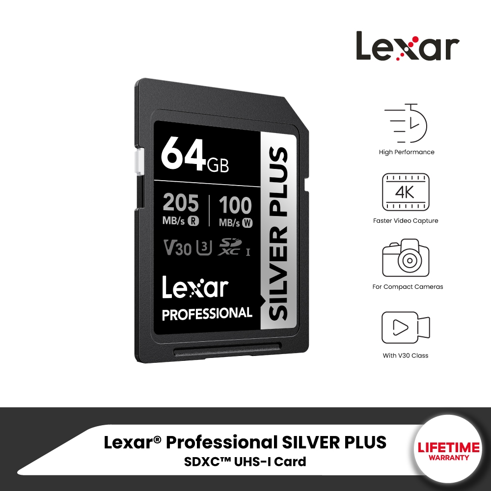 Lexar SILVER PLUS 64GB UHS-I U3 V30 SD Card (เอสดีการ์ด) Full-HD 3D 4K RW205/100MB/s ...