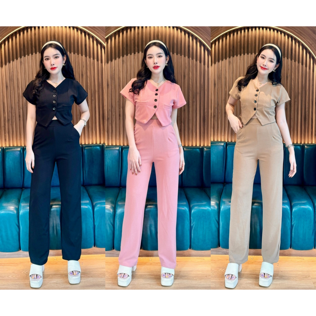 ชุดเซตผ้าวูลเวฟ เสื้อทรงสูทกระดุมหน้ากระเป๋าหน้า+กางเกง A4085 | Shopee ...