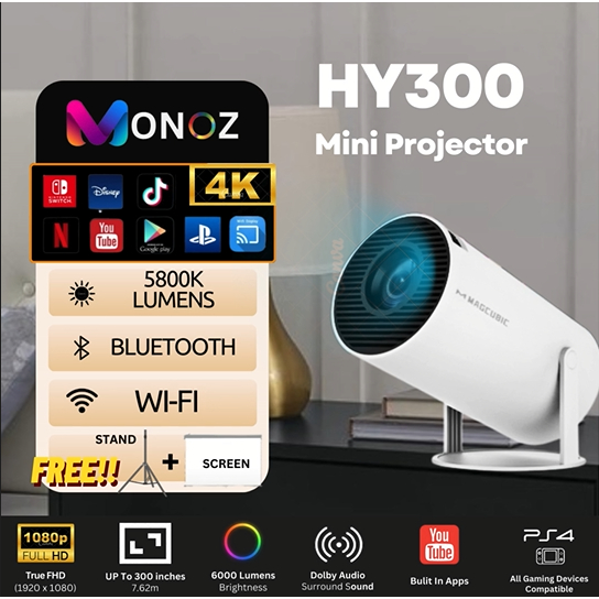 Monoz โปรเจคเตอร์ projector HY300/A10 Android 720P 1460 lumens hd ...