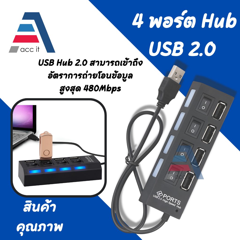 ช่องต่อUSB4ช่อง ตัวเพิ่มช่องUSB HUB2.0 พร้อมสวิตซ์ไฟLED USB 2.0 High Speed 4 Port Power On/Off ...