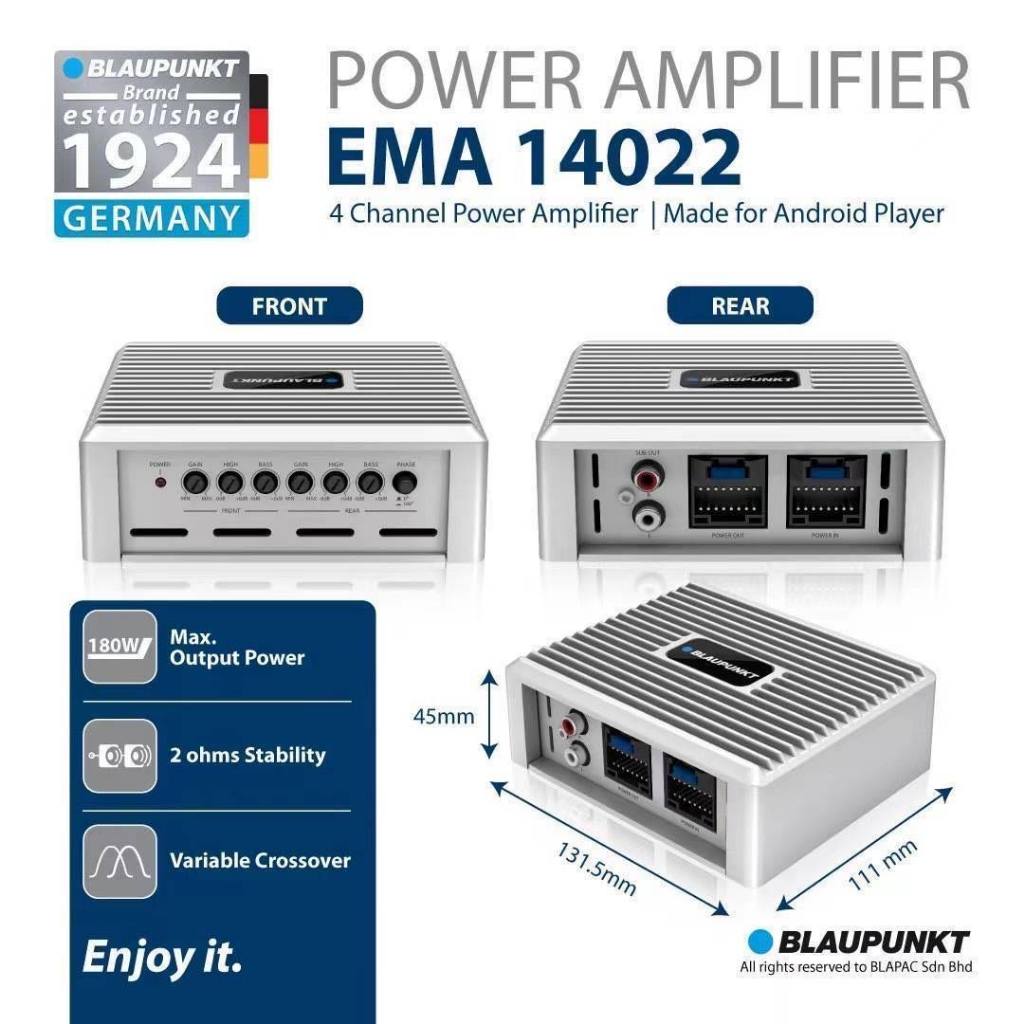 BLAUPUNKT EMA 14022 เพาเวอร์แอมป์ CLASS AB 4 CH. กำลังขับสูงสุด 72W x 4 ...