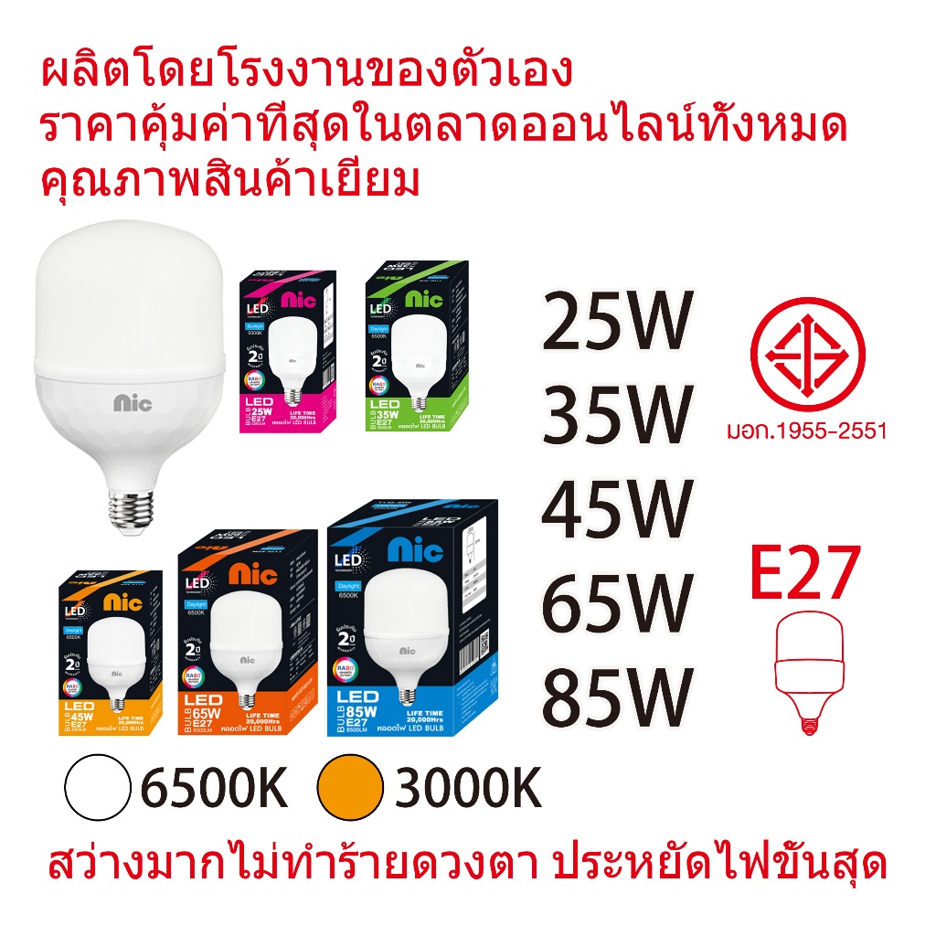 NIClighting หลอดไฟ LED SlimBulb light ขั้ว E27 หลอดไฟ E27 25W 35W 45W 65W 85W | Shopee Thailand