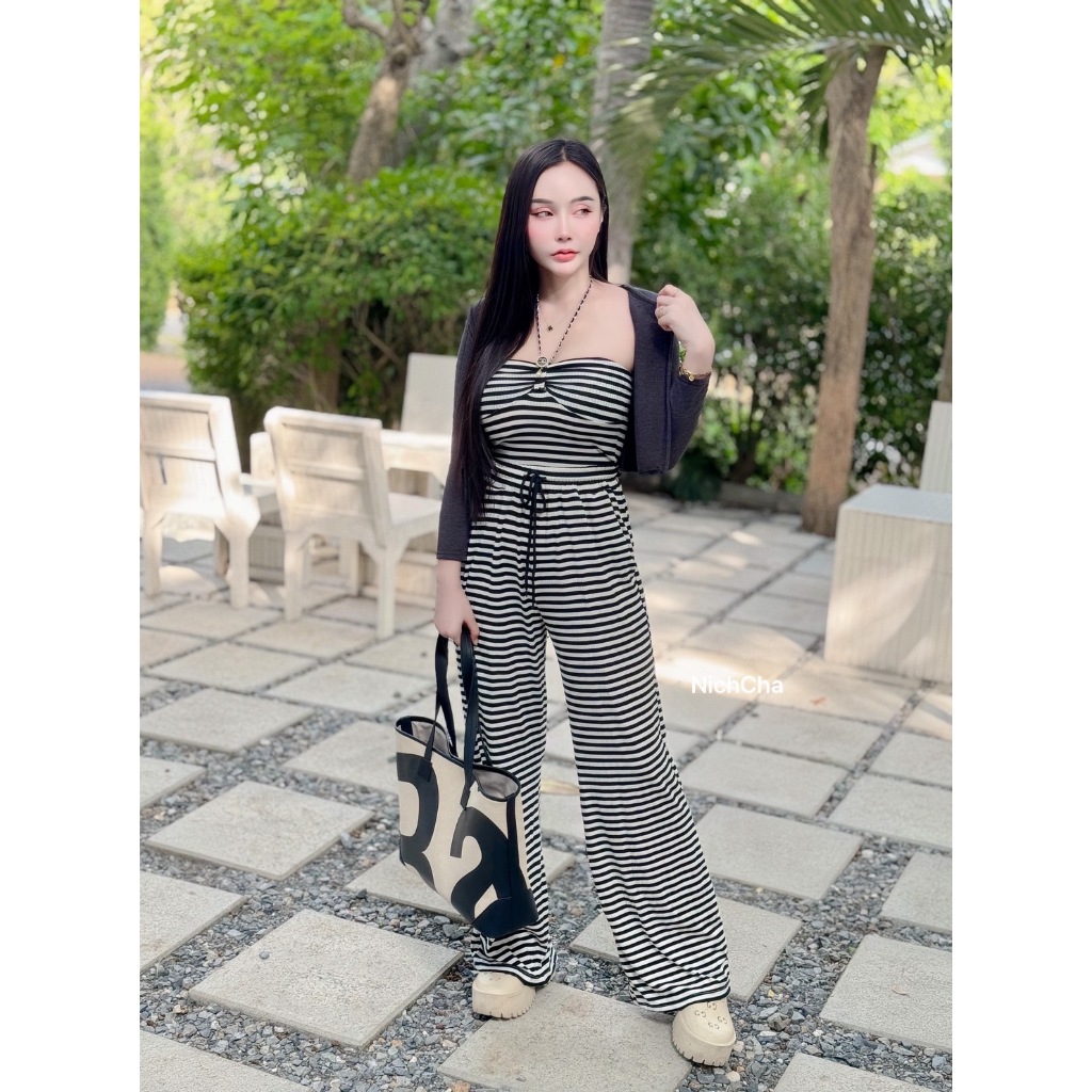 nicha Set3ชิ้น - เสื้อเกาะอกสายโซ่ - เสื้อคลุมแขนยาว - กางเกงขายาวมีกระเป๋าสองข้าง | Shopee Thailand
