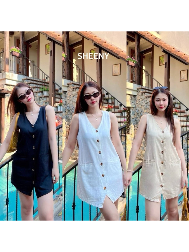 ชุดเดรสลินินกระดุมหน้า SHEENY | Shopee Thailand