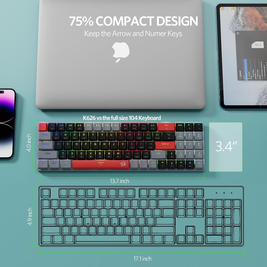 Redragon K626 ASHE PRO 75% Wireless RGB Gaming Keyboard, 3-Modes BT 2 ...