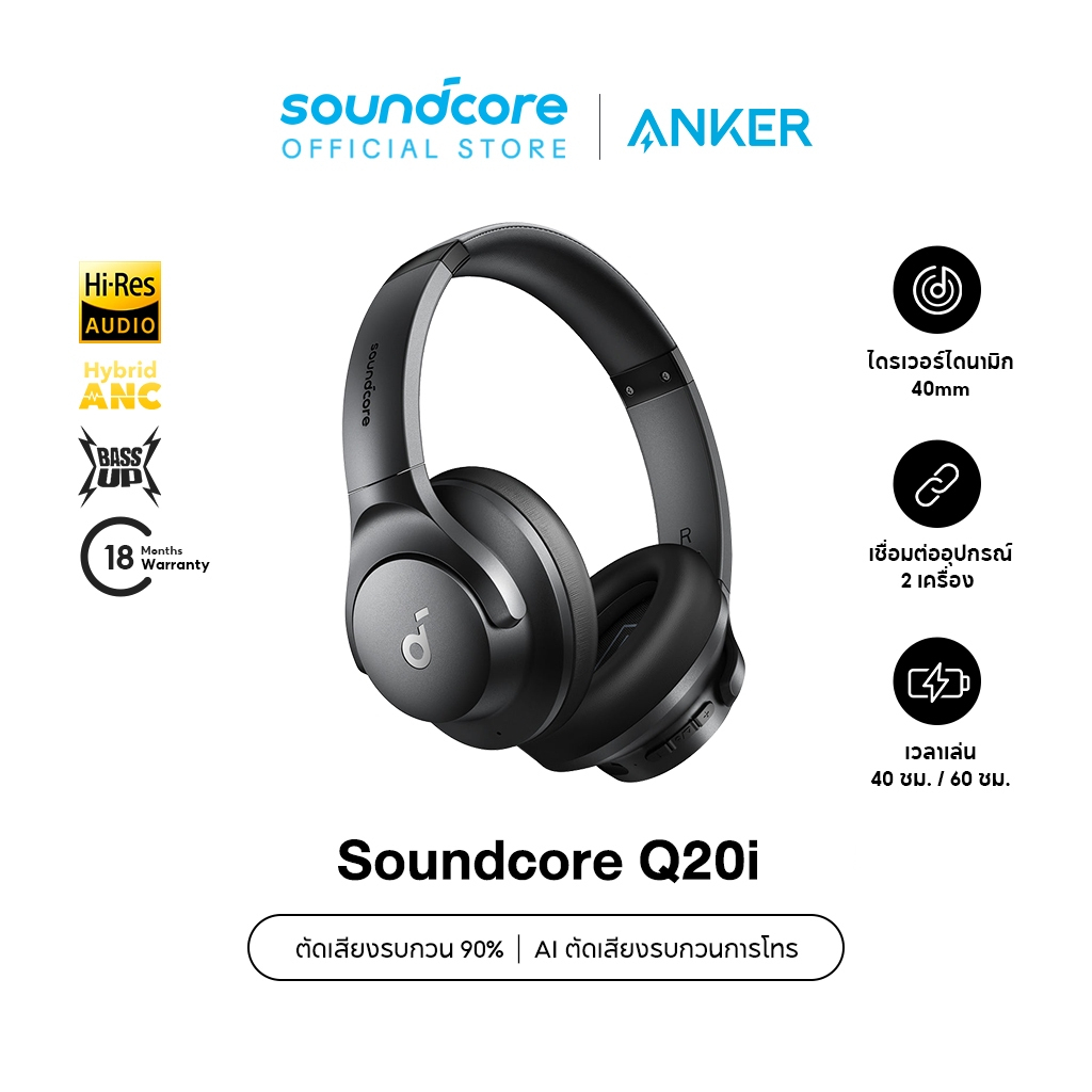 Soundcore Q20i หูฟังตัดเสียงรบกวน ไดรเวอร์ 40 มม. Hi-Res เมมโมรี่โฟม หู ...