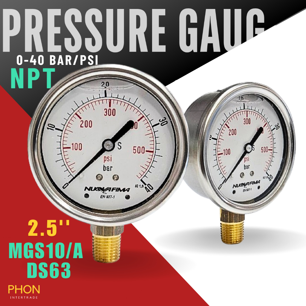 MGS10/A DS63 0-40 BAR/PSI NPTM เกจวัดเเรงดัน เกลียว 1/4" มีน้ำมัน/ไม่มี ...