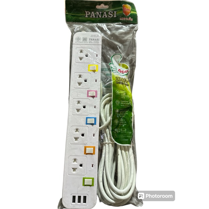 ปลั๊กไฟ PANASI 8เมตรเต็ม 250โวลท์ 10แอมป์ 2300W มี5ช่อง USB3ช่อง ...