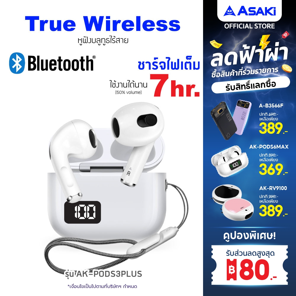 Asaki Earphone หูฟังบลูทูธ จอ LED แบตอึด เบสแน่น ไมค์สนทนาชัด รุ่น AK ...