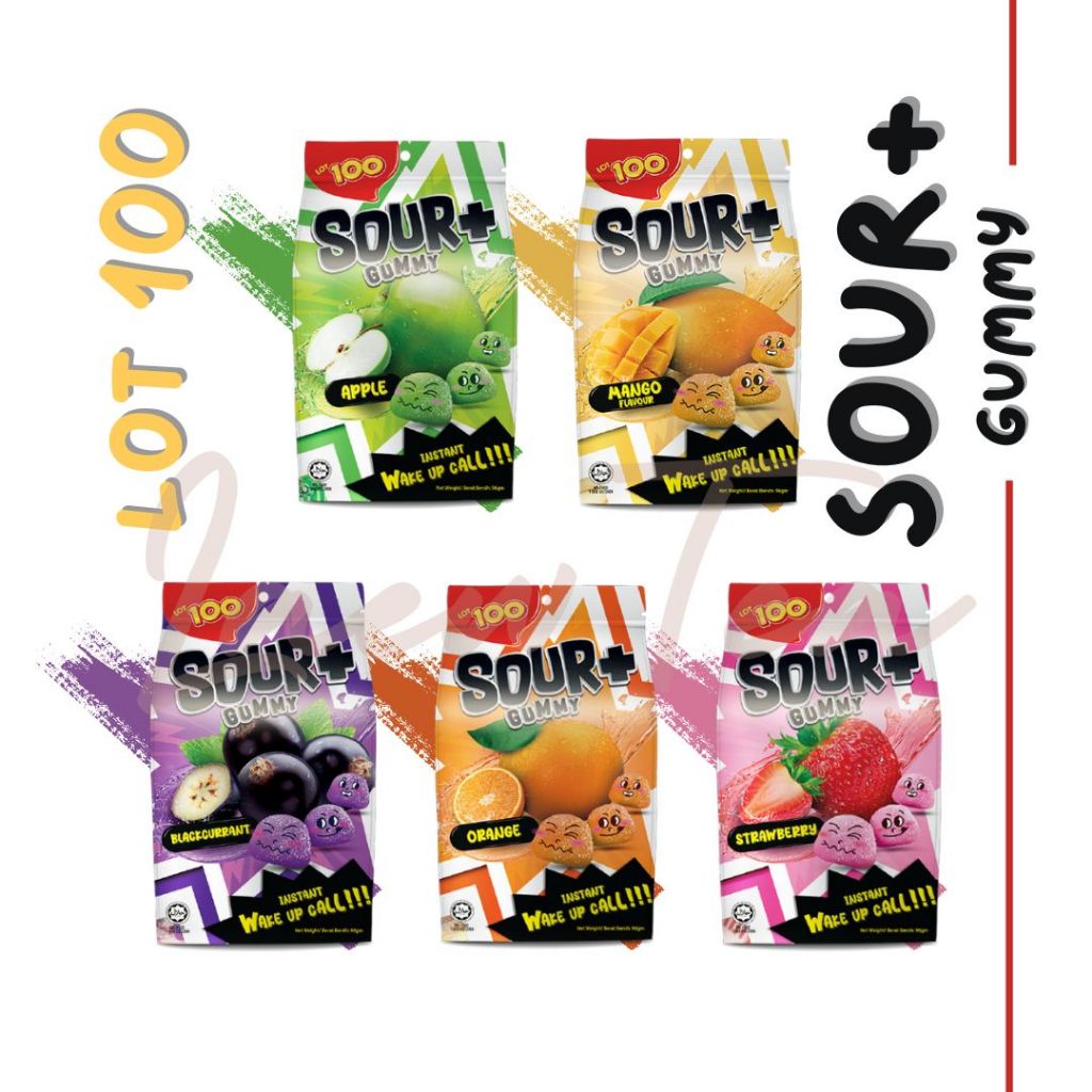 Lot 100 Sour+ Gummy เยลลี่เคลือบผงเปรี้ยว มี 5 รส 95g มีประมาณ 24 ชิ้น ...