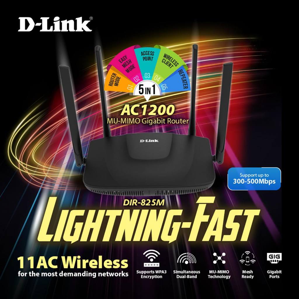 D-Link DIR-825M AC1200 MU-MIMO Gigabit Router เราเตอร์จำนวน 4 พอร์ต ...