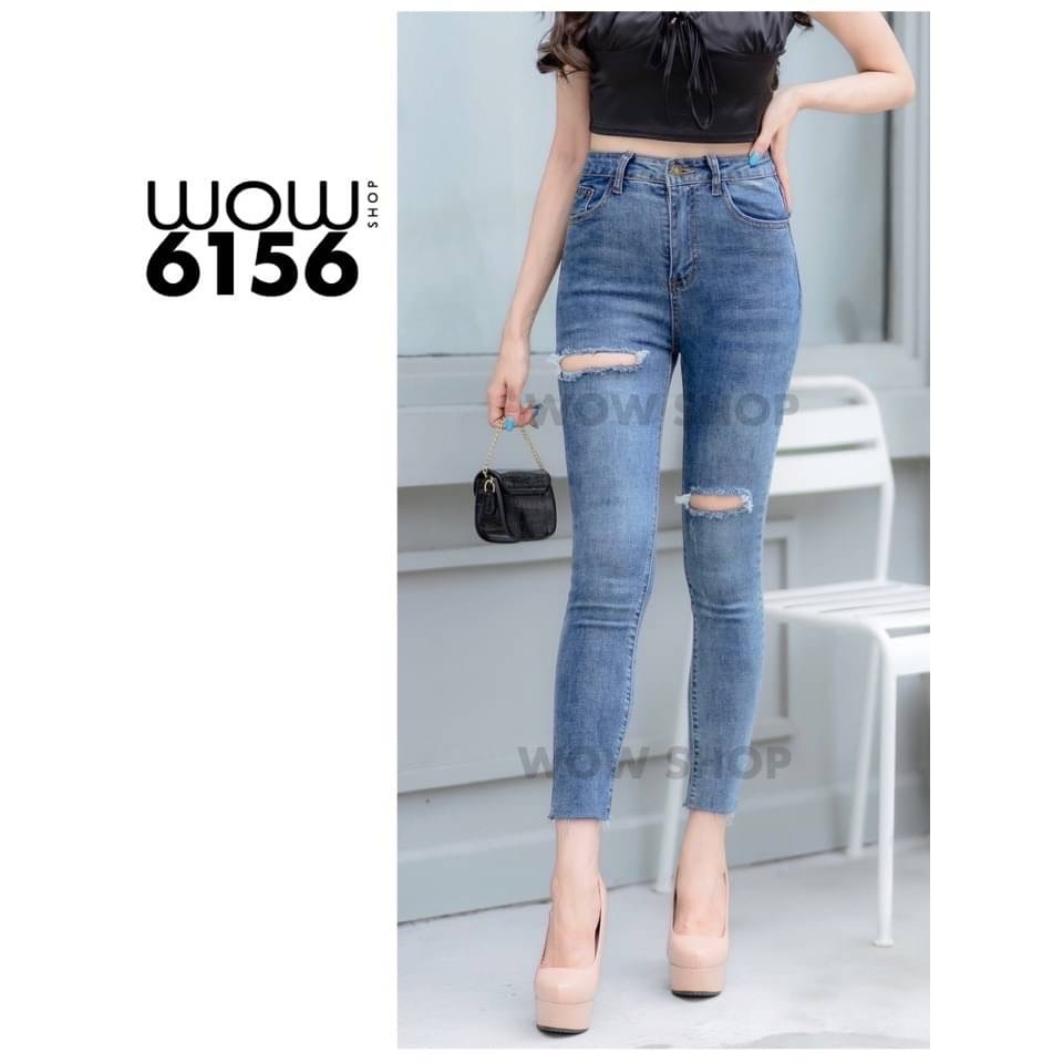 กางเกงยีนส์ เดฟยืดป้ายWOW ดีไซส์แต่งขาดหน้าขา Sexyมากกกก No.6156 | Shopee Thailand