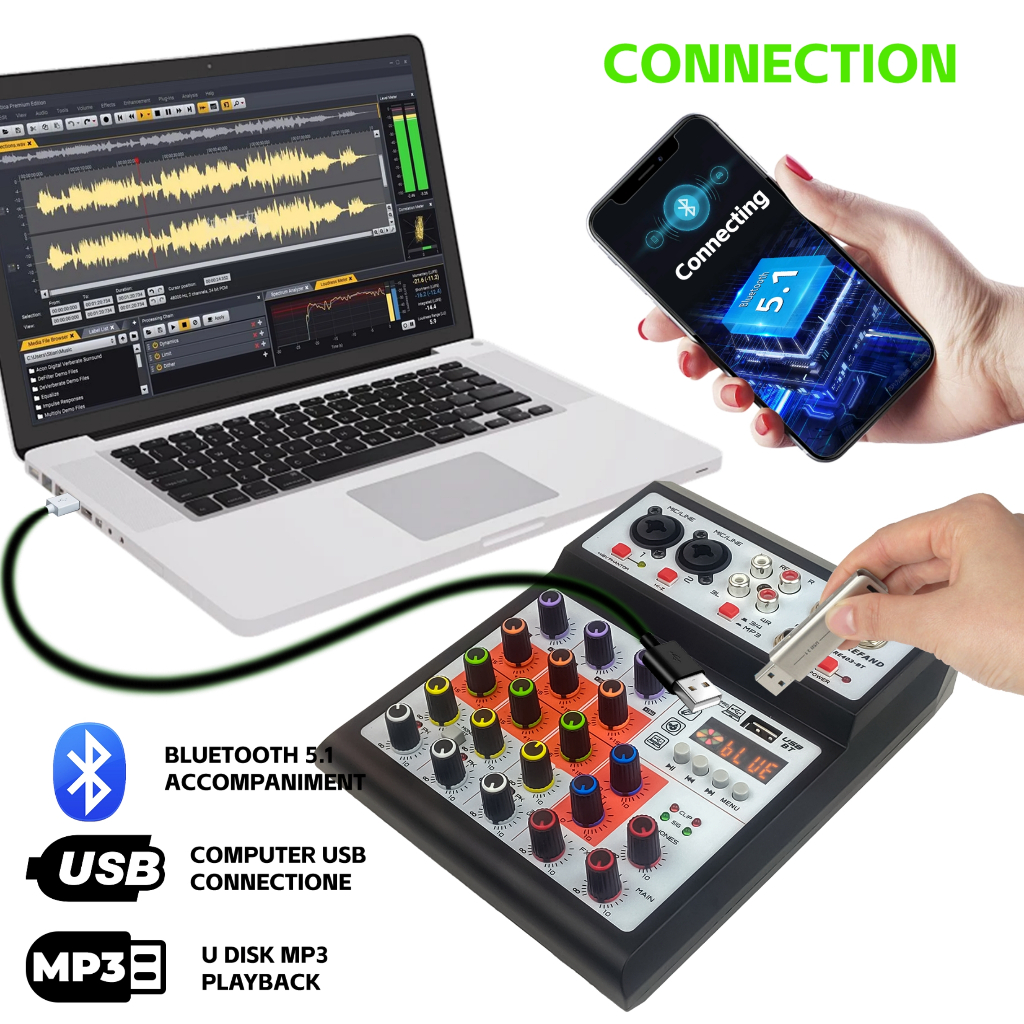 MOREFAND มิกเซอร์ 4ช่อง RE-403 BT Audio Mixer USB MP3 sound mixer built ...