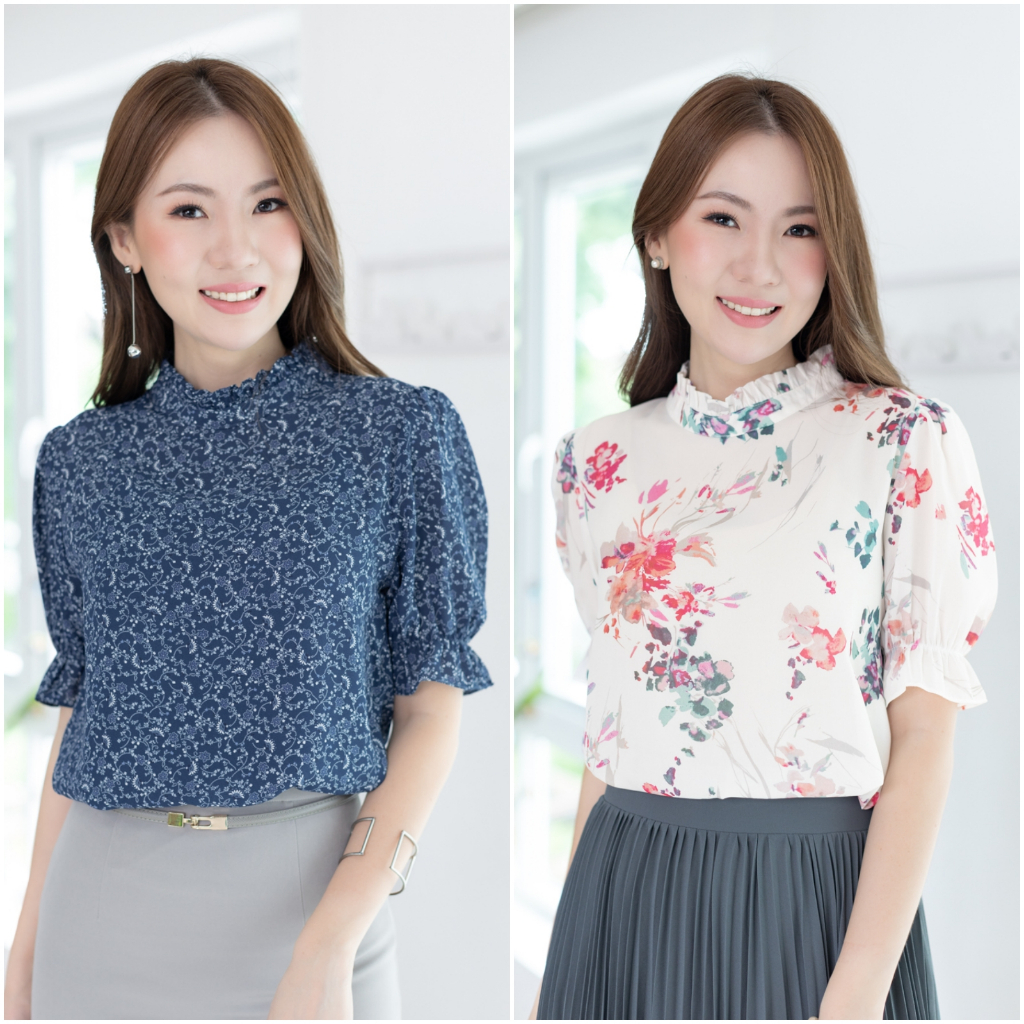 Narinari : MT4633 Ruff Collar Puff Sleeve Chiffon Blouse เสื้อทำงาน ...