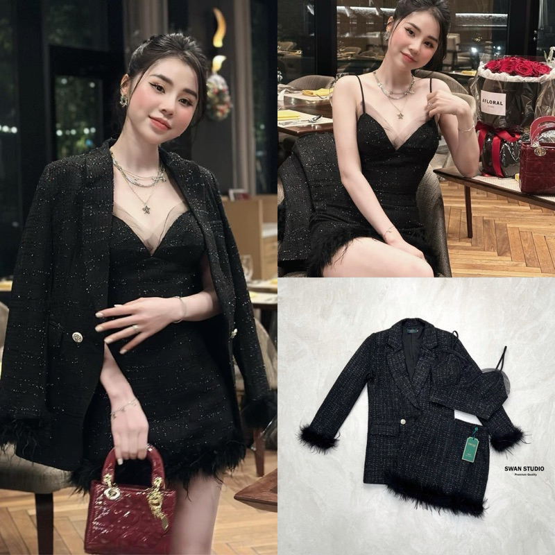 พร้อมส่ง • Swan • Set 3 ชิ้น เสื้อสูทคลุมแขนยาวผ้าทวิตสีดำ + เสื้อครอป ...