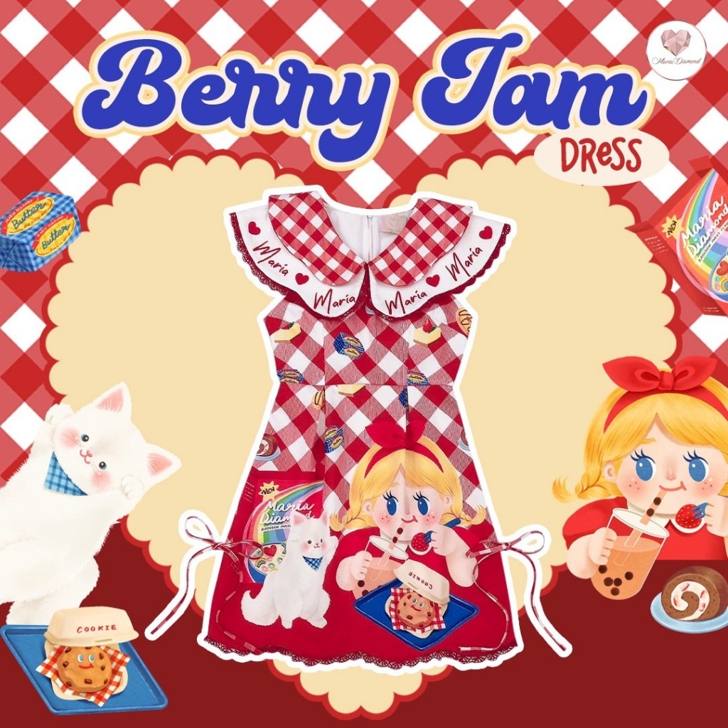 (มี3XL) Maria Diamond สีแดง Berry Jam Dress เดรสผ้าเปเป้เนื้อนิ้มพิมพ์ ...