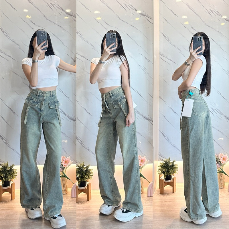 กางเกงยีนส์สีนัว B490 แต่งกระเป๋าเข็มขัด Style Chic Y2K ใส่เอวต่ำได้-เอวสูงได้ ทรงกระบอกใหญ่ ...