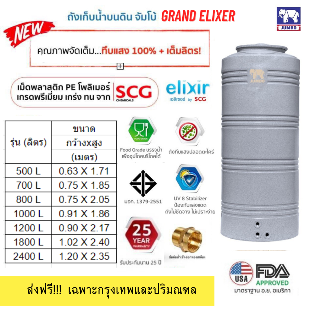 ถังเก็บน้ำ Jumbo Grand Elixir ลายแกรนิต สีเทา +เดินท่อภายใน+พลาสติกSCG ...
