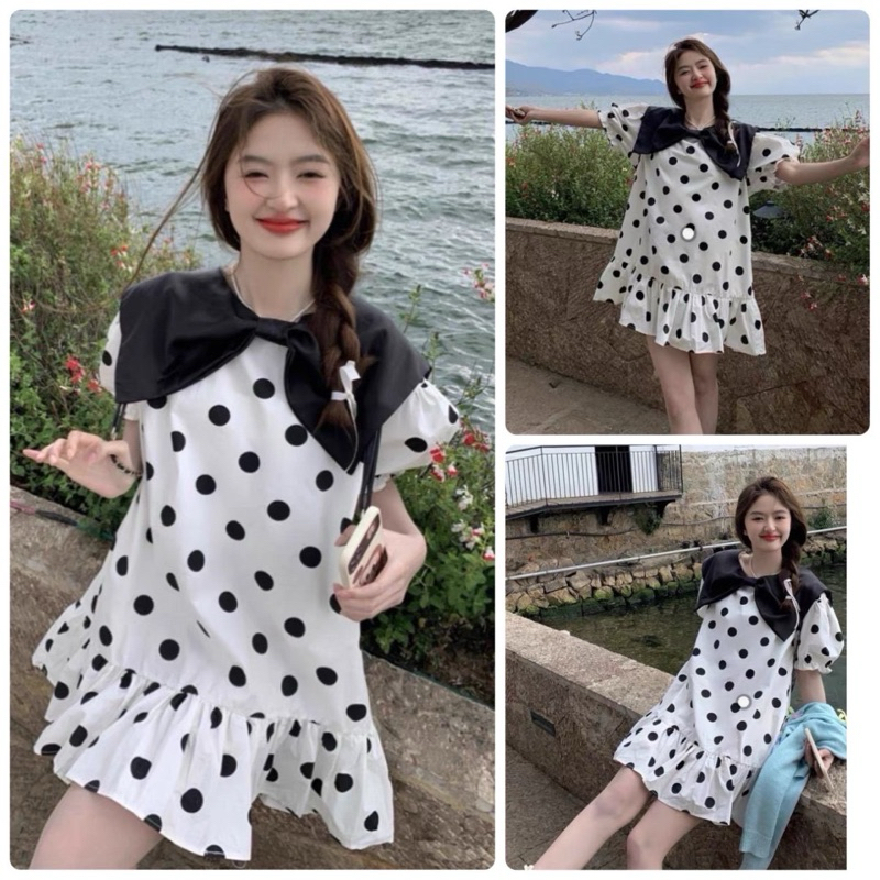 เดรสสั้น ลายจุดขาว ypy | Shopee Thailand