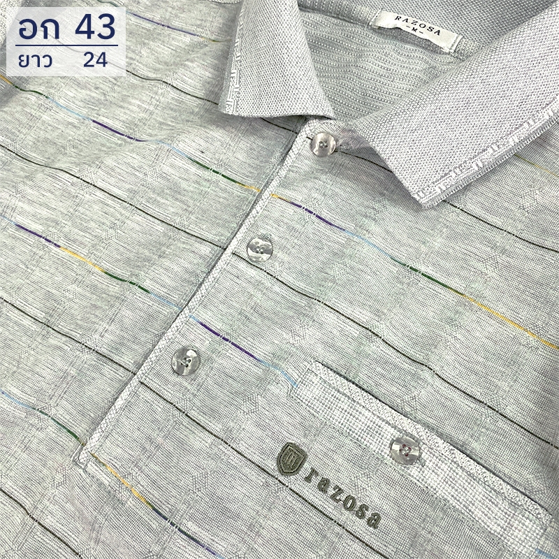 เสื้อโปโลคอปกมือสองแบรนด์ Razora อก43" สีเทา ลายตาราง แขนยาว เอวจั๊ม ...