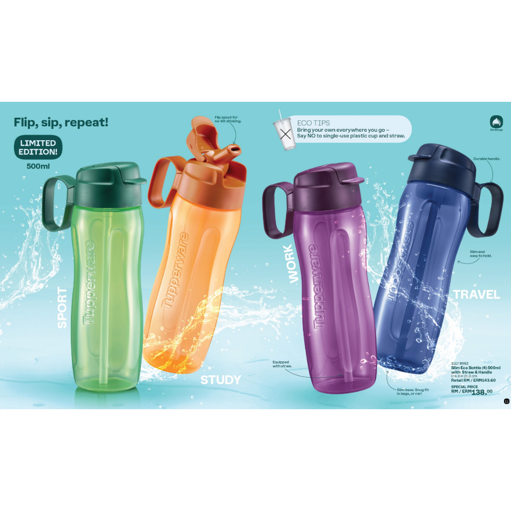 Tupperware รุ่น slim eco bottle ขนาด 550ml มีหลอด พกพาสะดวก | Shopee ...