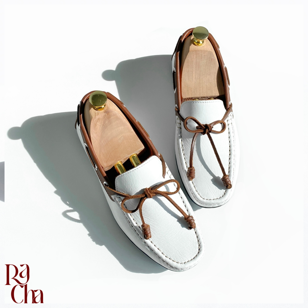 String Loafer สีขาวออฟไวท์/น้ำตาล รองเท้าหนังวัวแท้ โลฟเฟอร์หนังแท้ unisex -สามารถใส่ได้ทุกเพศ ...