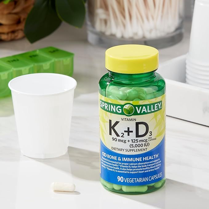 Spring Valley Vitamin K2 (90mcg) + D3 (125mcg) Vegetarian Capsules, 90 ...