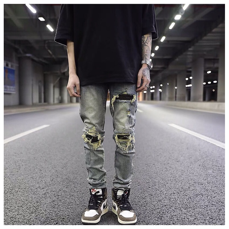 กางเกงยีนส์ทรง Skinny ขาดเข่า Rapper เกาหลี Steet แต่งเข่า | Shopee ...