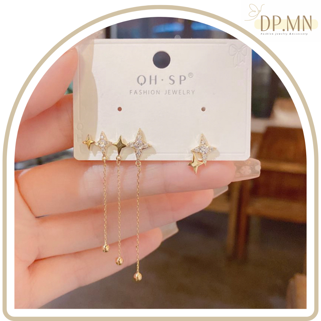 ต่างหู เพชร CZ ก้านเงิน S925 ชุบทอง 14K แบบระย้า + แบบแป้น ในคู่เดียว เก๋สุดๆ | Shopee Thailand