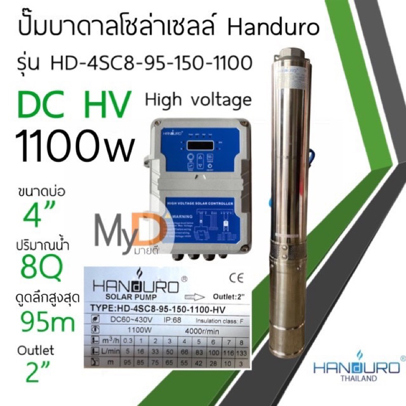 ปั๊มบาดาลโซล่าเซลล์ Handuro DC 1100w 1.5 แรง High voltage ต่อแผงอนุกรม ...