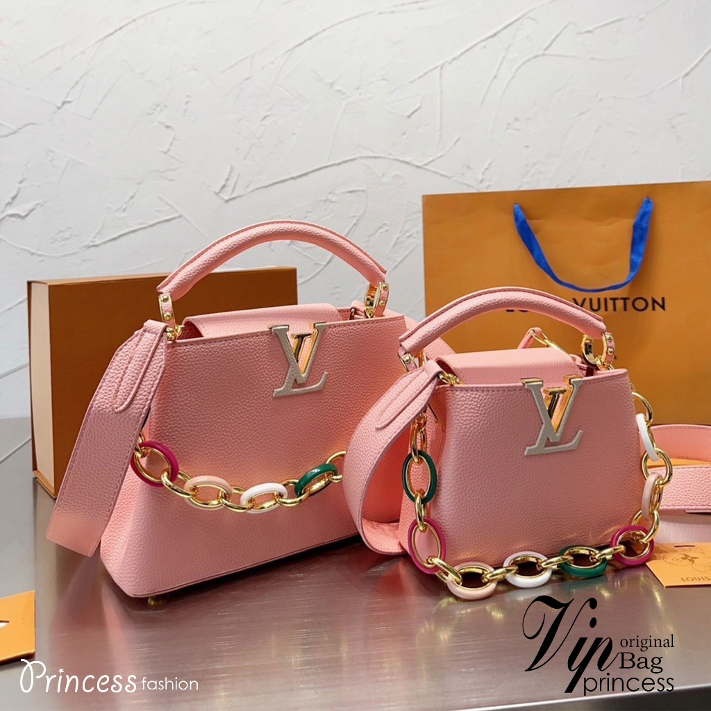 LV Capucines BB MM top handle with a multicolored chain on which gold ...