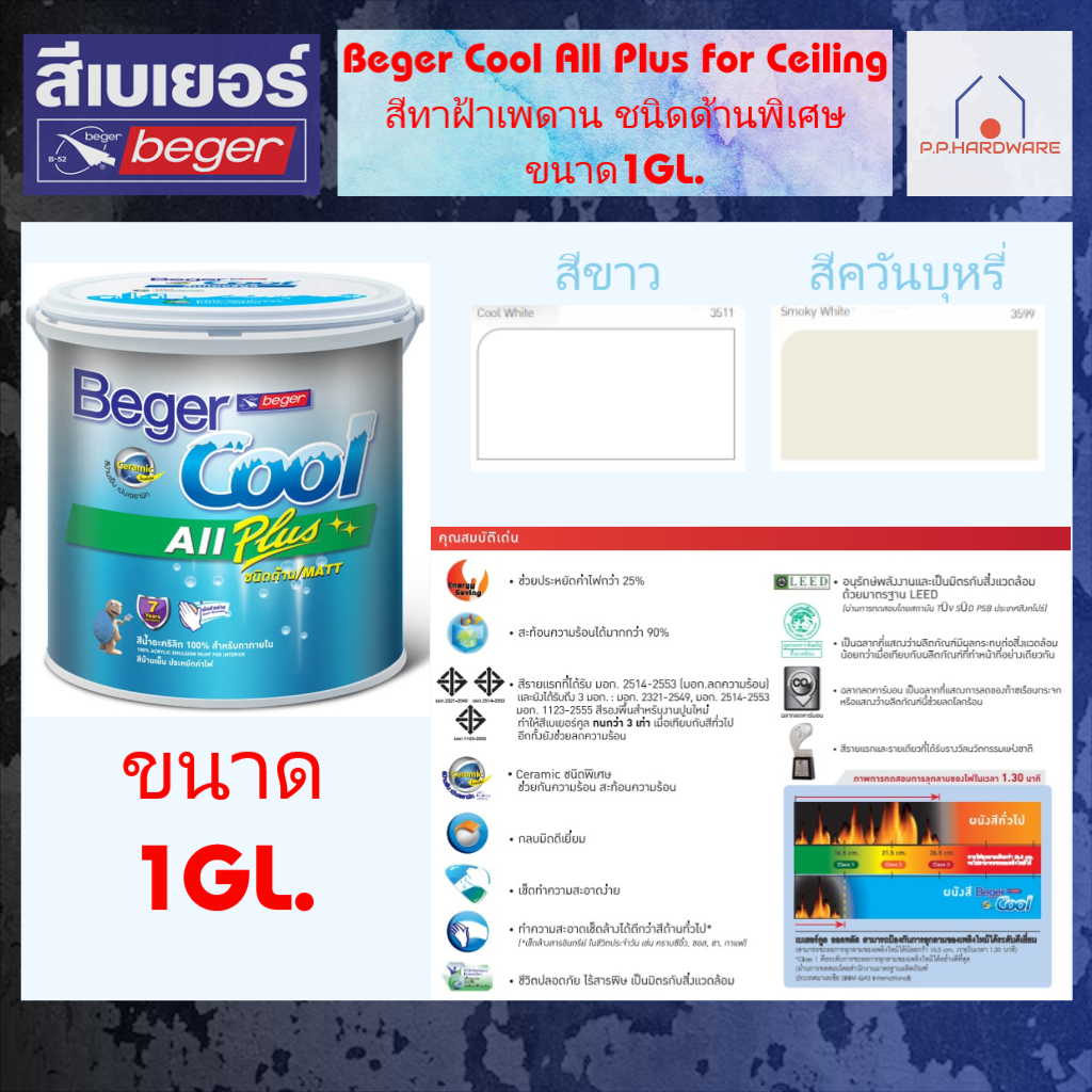 Beger Cool สีทาฝ้าเพดาน I-3511สีขาว I-3599สีควันบุหรี่ ขนาด1GL. สีทาฝ้าเพดาน ชนิดด้านพิเศษ ...
