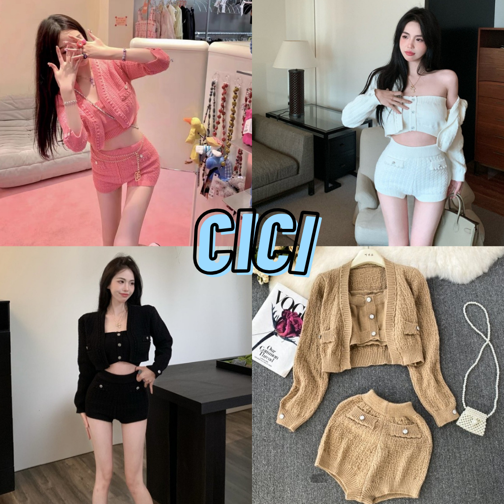 Cici(NO.Z1602)SET 3 ชิ้น เกาะอก+กางเกงขาสั้น มาพร้อมกับเสื้อคลุมไหมพรมแขนยาว เรียบหรูสไตล์โคเรีย ...