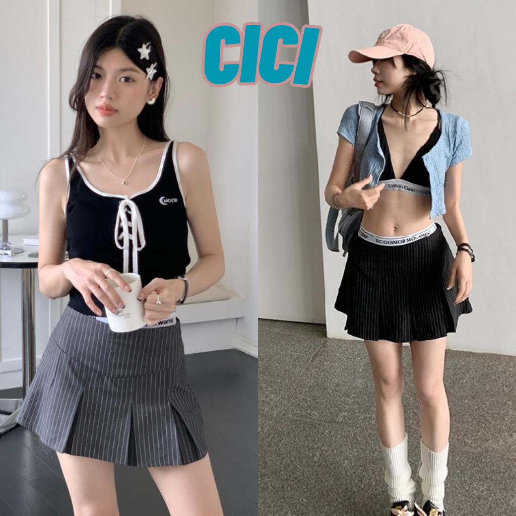 Cici(NO.908)กระโปรงสั้นอัดจีบ ดีเทลขอบยางยืดดีไซน์สปอร์ต มีซับใน สไตล์Y2K | Shopee Thailand