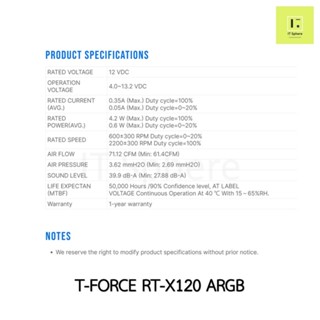 [ 2,200RPM ] พัดลมเคส T-FORCE RT-X120 ARGB FAN BLACK WHITE RTX120 X120 สีดำ สีขาว 1ตัว พัดลม ...