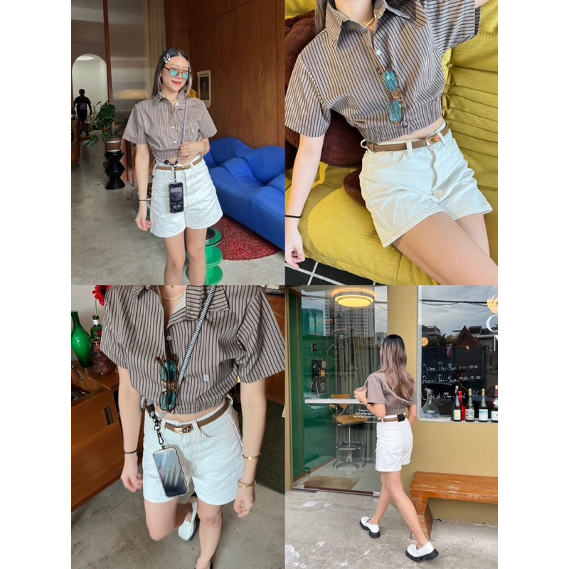 Randy top - the sun co ลายริ้วน้ำตาล | Shopee Thailand