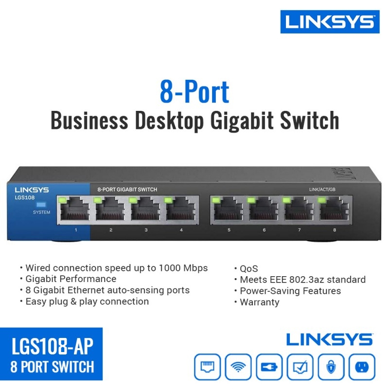 LINKSYS (LGS108-AP) Gigabit Switching Hub 8 Port 10/100/1000 (6 ...