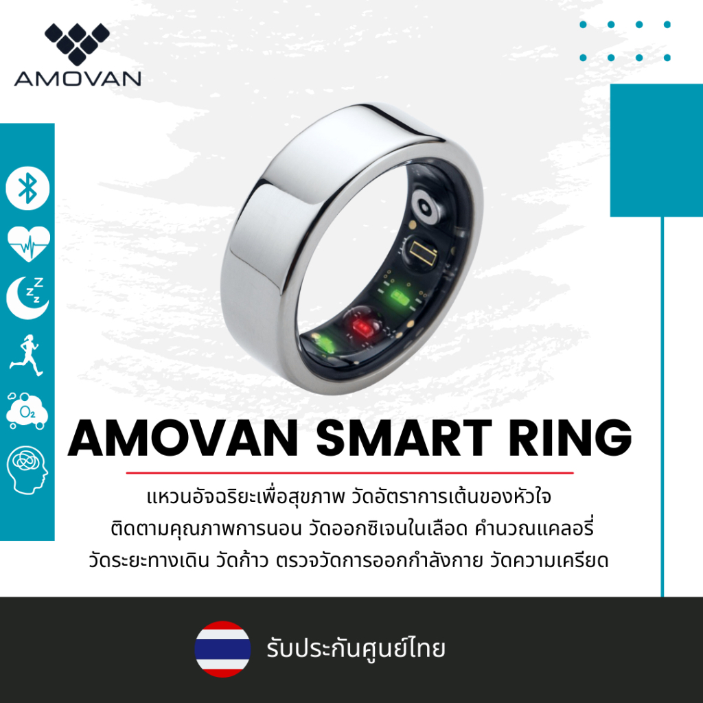 Amovan Smart Ring (สีเงิน) แหวนอัจฉริยะเพื่อสุขภาพ วัดอัตราการเต้นหัวใจ ออกซิเจนในเลือด คุณภาพ ...