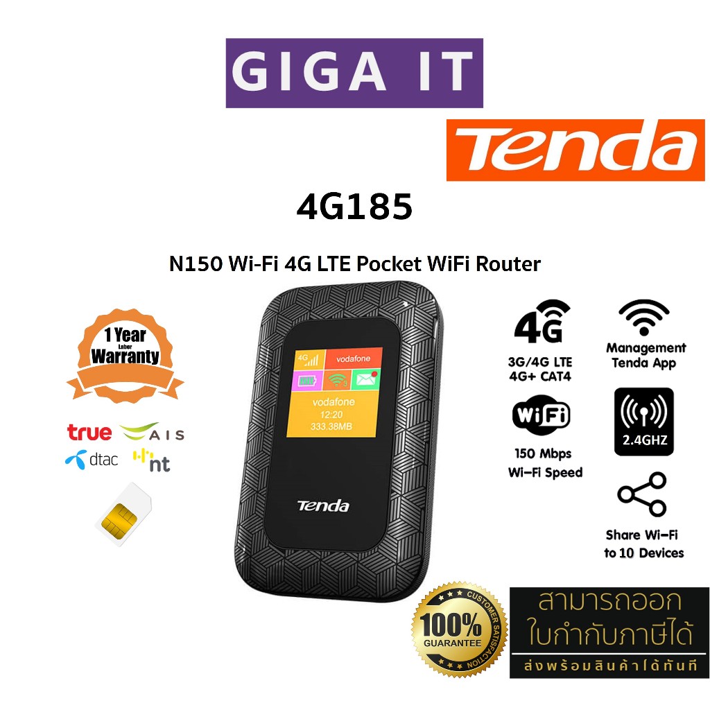 Tenda 4G185 สัญญาณ 4G LTE Pocket WiFi N150 ใส่ Sim ทุกเครือข่าย (แบตในตัว, หน้าจอ LED) ประกัน ...