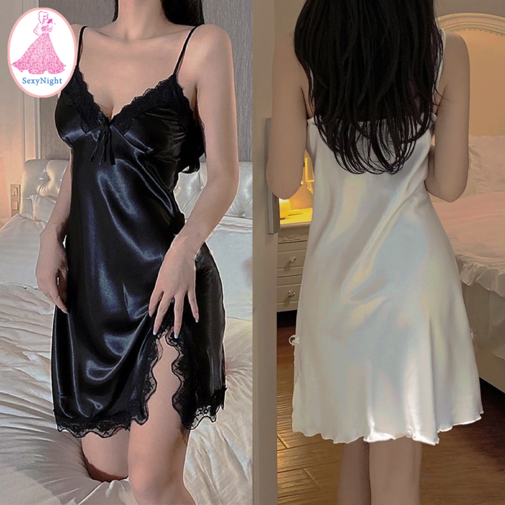 SexyNight🌸🌸ชุดนอนอยู่บ้านของผู้หญิงที่เรียบง่าย🌜🌜ชุดนอนสตรีผ้าซาตินลูกไม้🎵🎵สายปรับระดับได้🚛🚛 ...