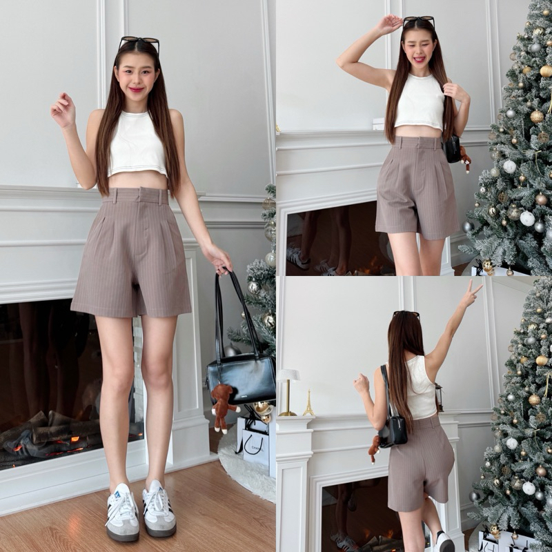 BEMYCHIC กางเกงขาสั้นเอวสูงผู้หญิง กางเกงขาสั้นลายริ้ว ลายทาง รุ่น linly shorts | Shopee Thailand